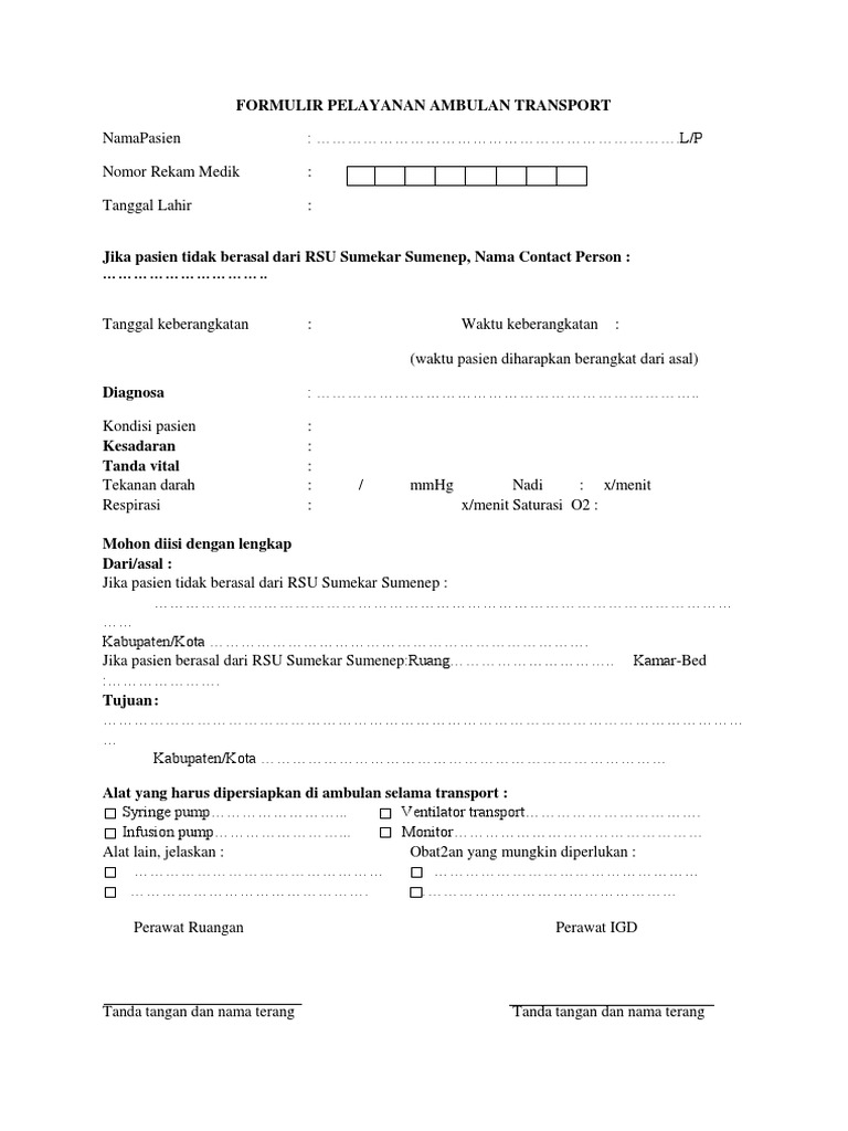 Formulir Pelayanan Ambulance Transport | PDF
