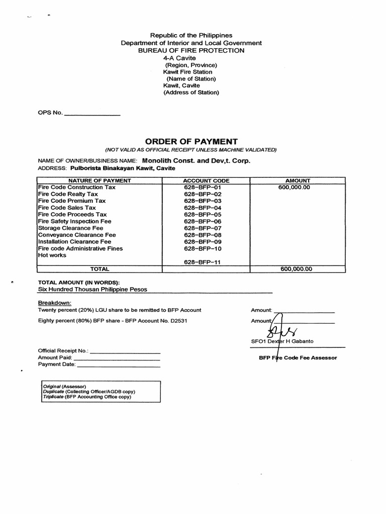 Order of Payment BFP | PDF