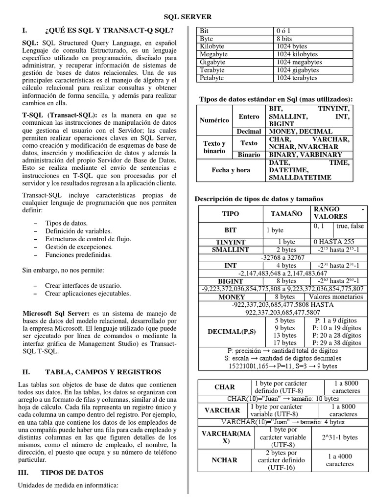 SQL SERVER Resumen | PDF | Servidor SQL de Microsoft | SQL