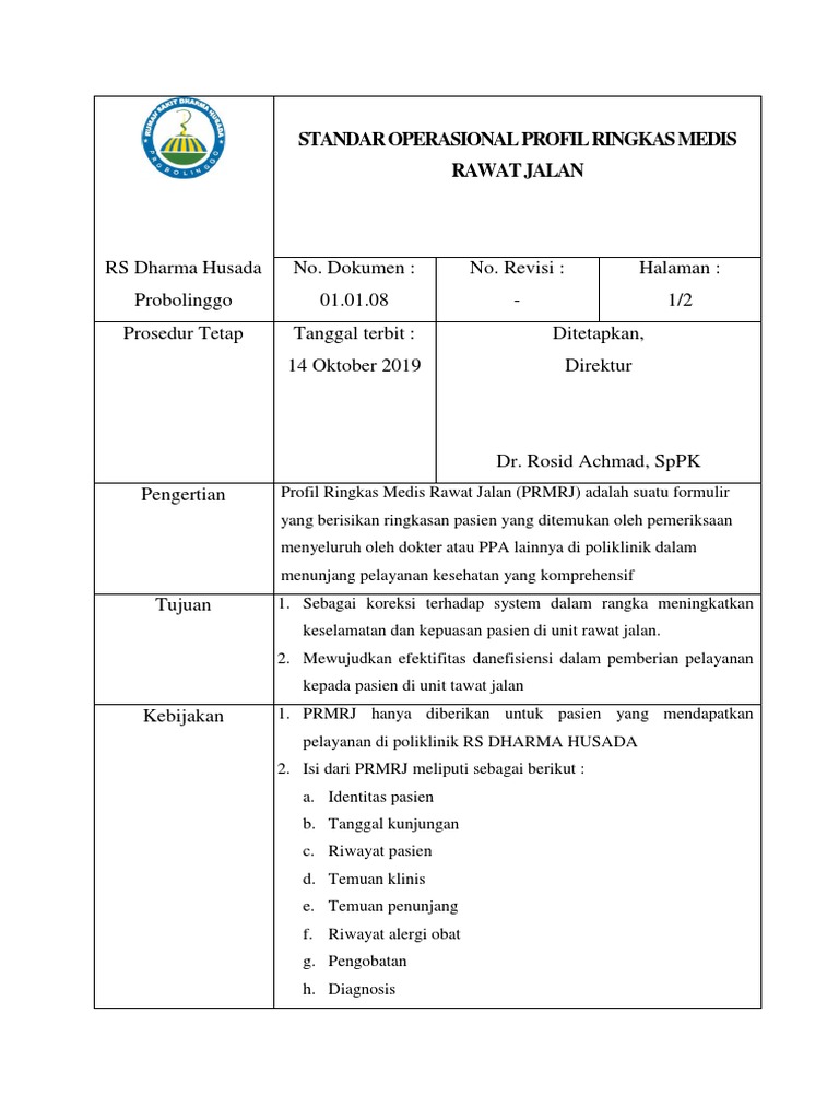 Sop PRMRJ Profil Ringkas Medis Rawat Jalan | PDF