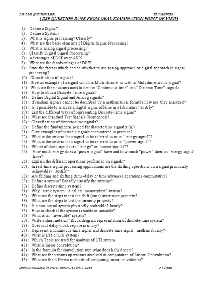 DSP Oral Exam Question Bank | PDF | Discrete Fourier Transform ...