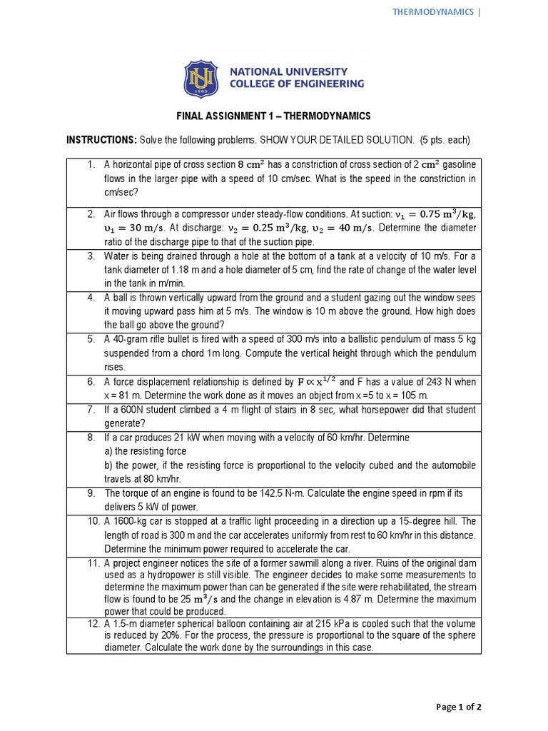 Final Assignment 1 - Thermodynamics | PDF | Gases | Pascal (Unit)