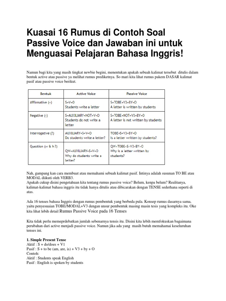 16 Rumus Dan Soal Passive Voice | PDF | Languages Of The United Kingdom ...