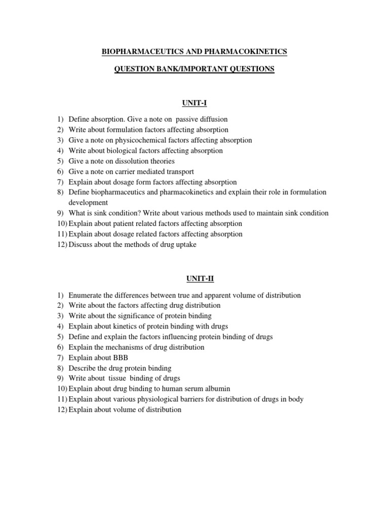 Question Bank For 5 Units of BPPK | PDF | Pharmacokinetics | Bioavailability