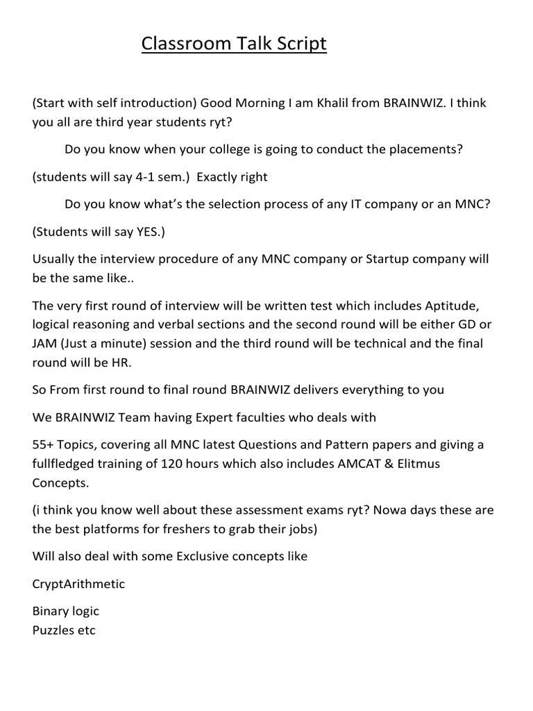 Classroom Talk Script | Download Free PDF | Google Play | Test (Assessment)