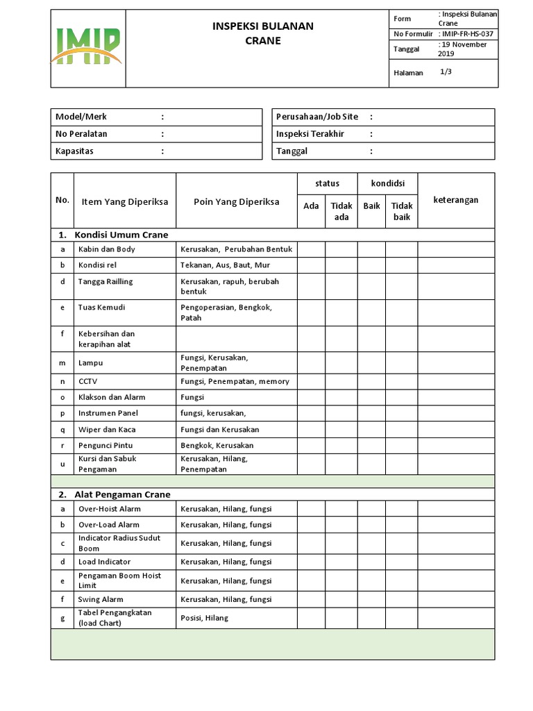 HS Form Inspeksi Bulanan Crane | PDF