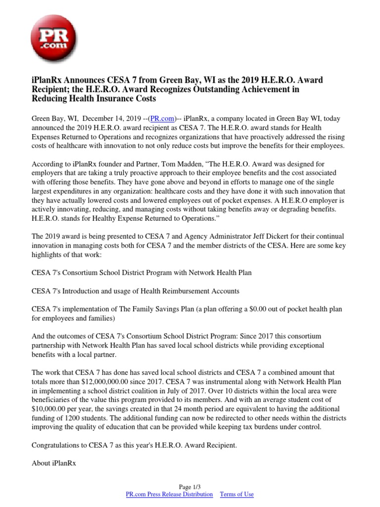 iPlanRx Announces CESA 7 From Green Bay, WI As The 2019 H.E.R.O. Award ...
