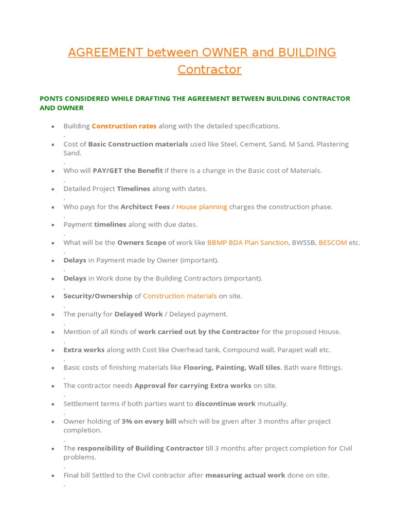 Sample - Builder and House Owner Agreement | PDF | Independent ...