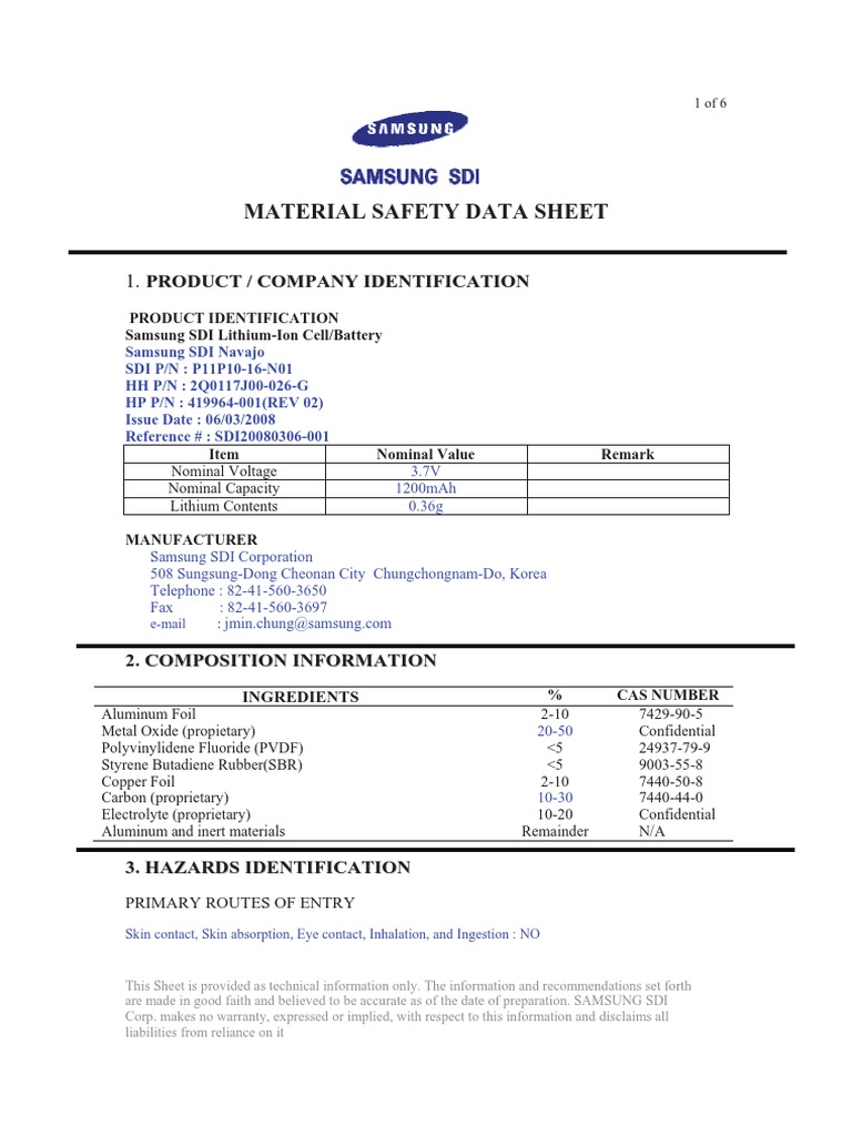 MSDS Lithium Ion Battery Art No 69002010 77010148 49 58 en | PDF ...