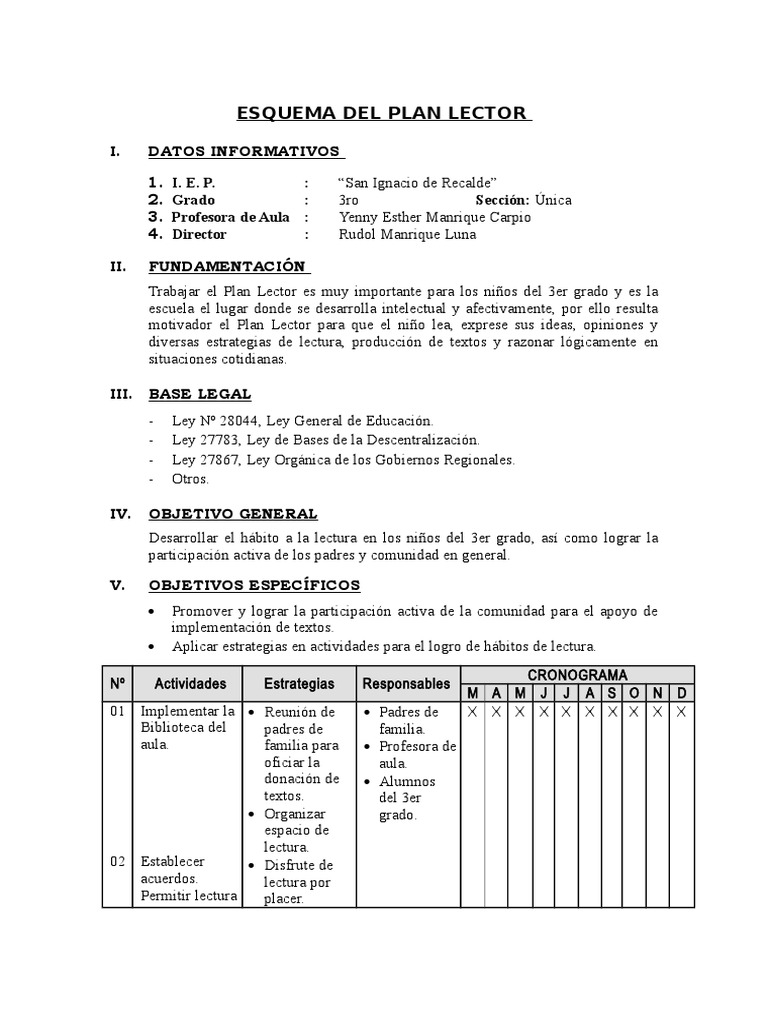 Esquema Del Plan Lector | PDF | Comprensión lectora | Modificación de comportamiento
