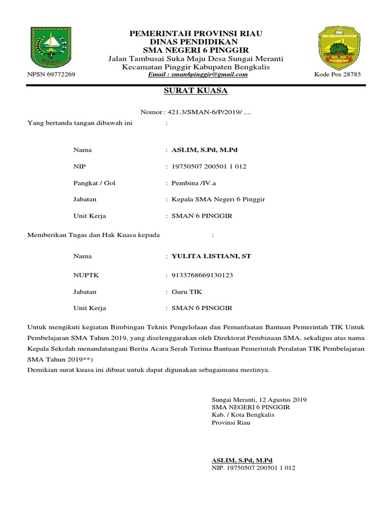 Surat Kuasa Bimtek Tik 2019 | PDF