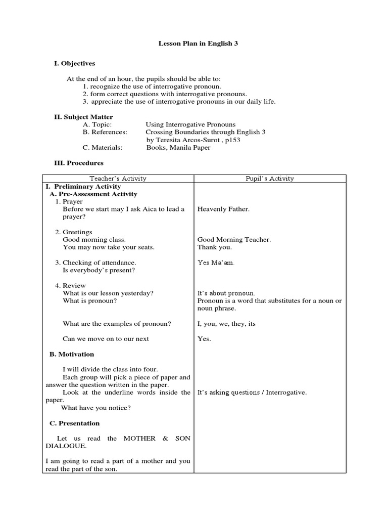 Detailed Lesson Plan in English 3 | PDF | Pronoun | Question