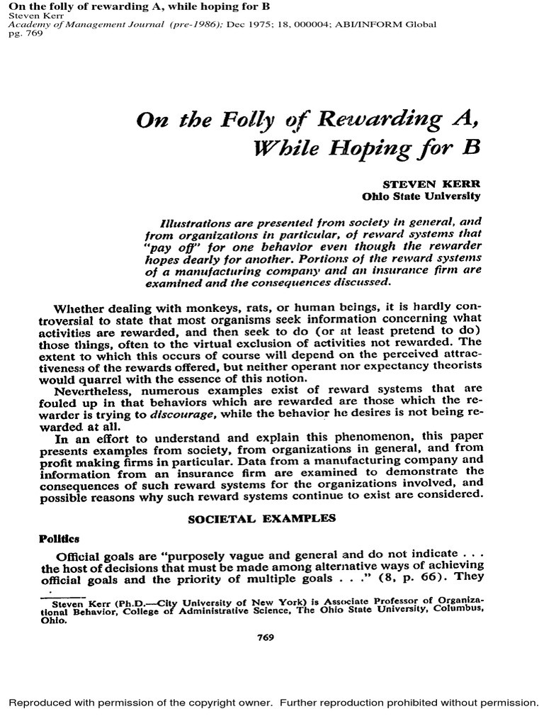 Case Study On The Folly of Rewarding A While Hoping For B | PDF