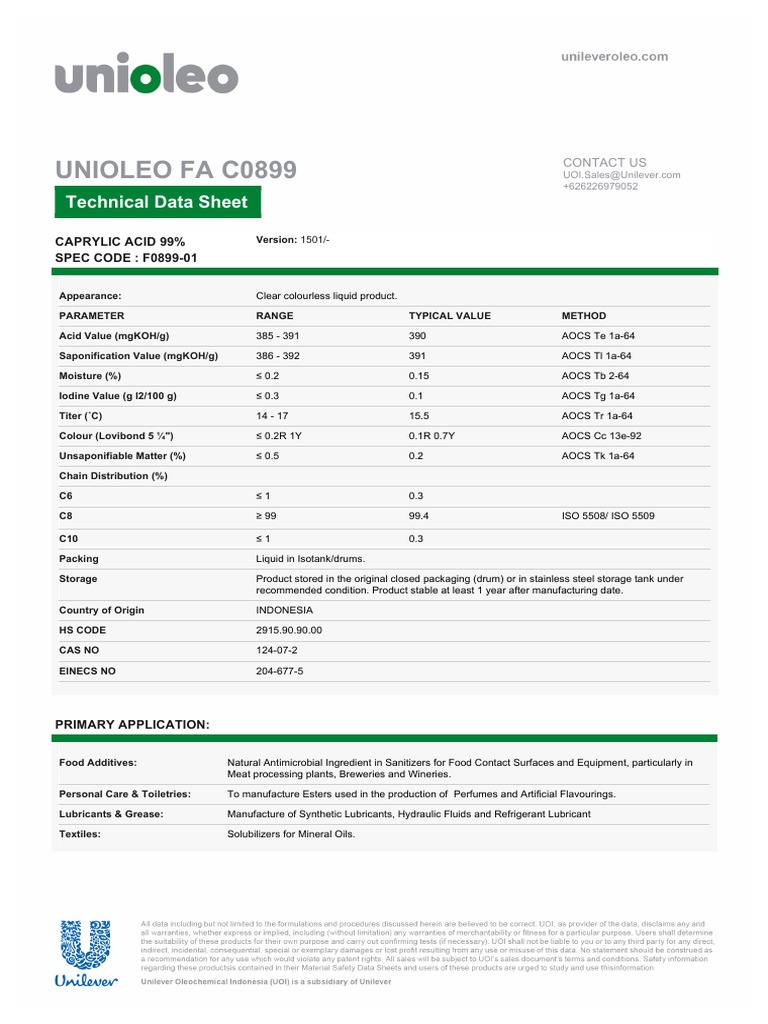 Unioleo Caprylic Acid Technical Data | PDF | Lubricant | Materials