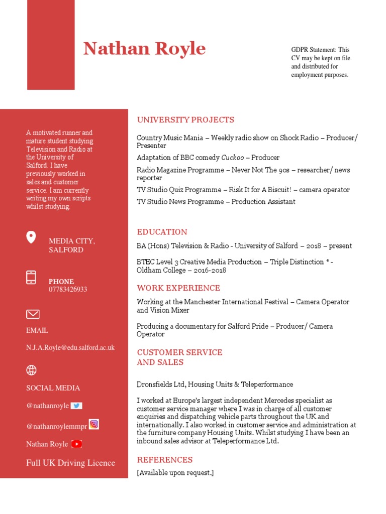 Nathan Royle CV | PDF | Mass Media | Entertainment