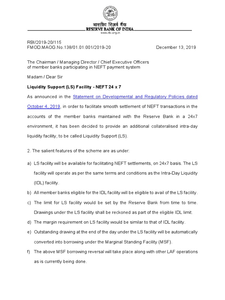 NEFT 24x7 Liquidity Support Facility | PDF | Business