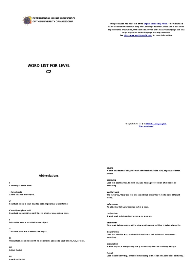 C2 English Vocabulary Word List | PDF | Verb | Adverb