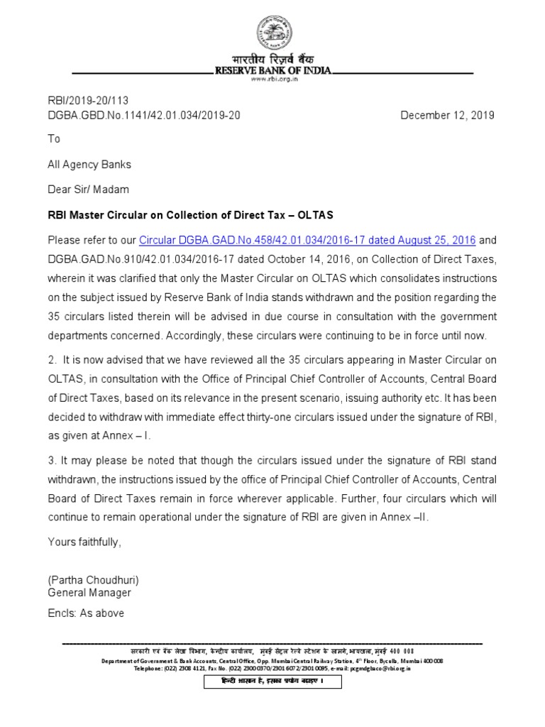 RBI Master Circular On Collection of Direct Tax - OLTAS | PDF | Reserve ... RBI Master Circular On Collection of Direct Tax - OLTAS | PDF | Reserve ...
