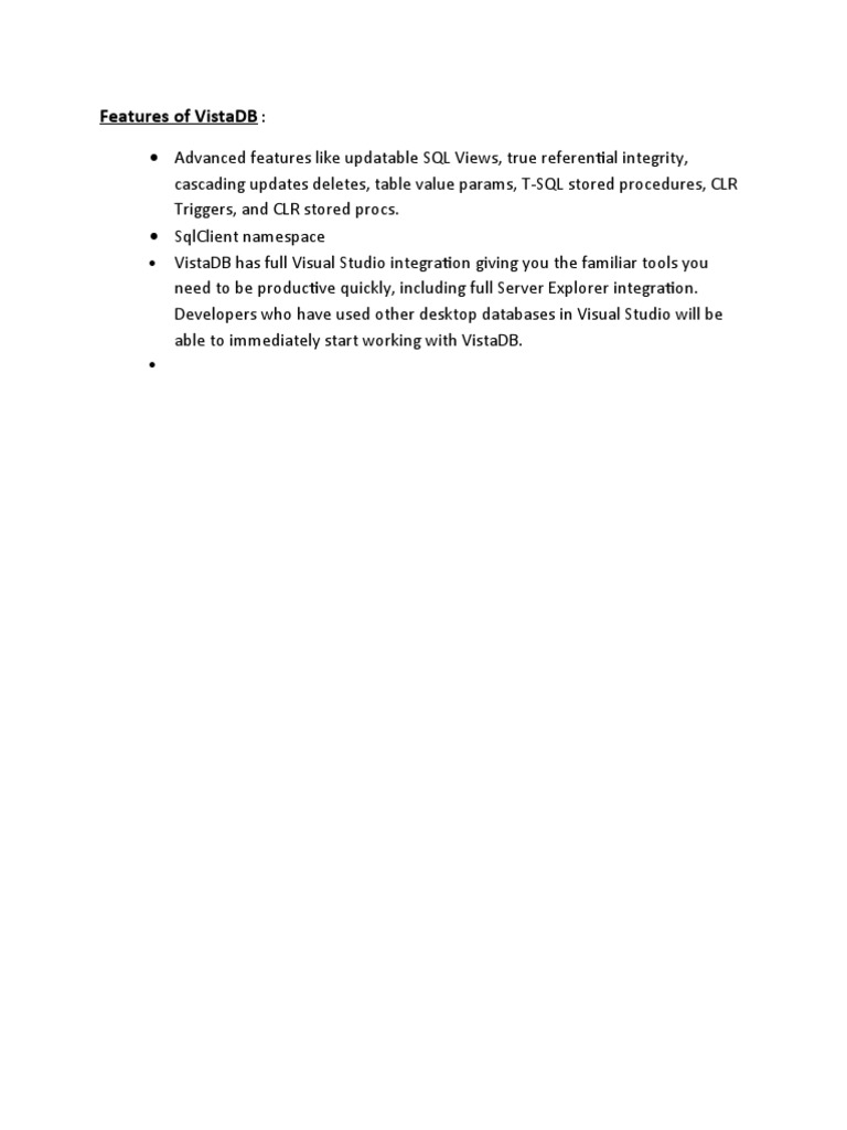 Features of VistaDB | PDF | Technology & Engineering