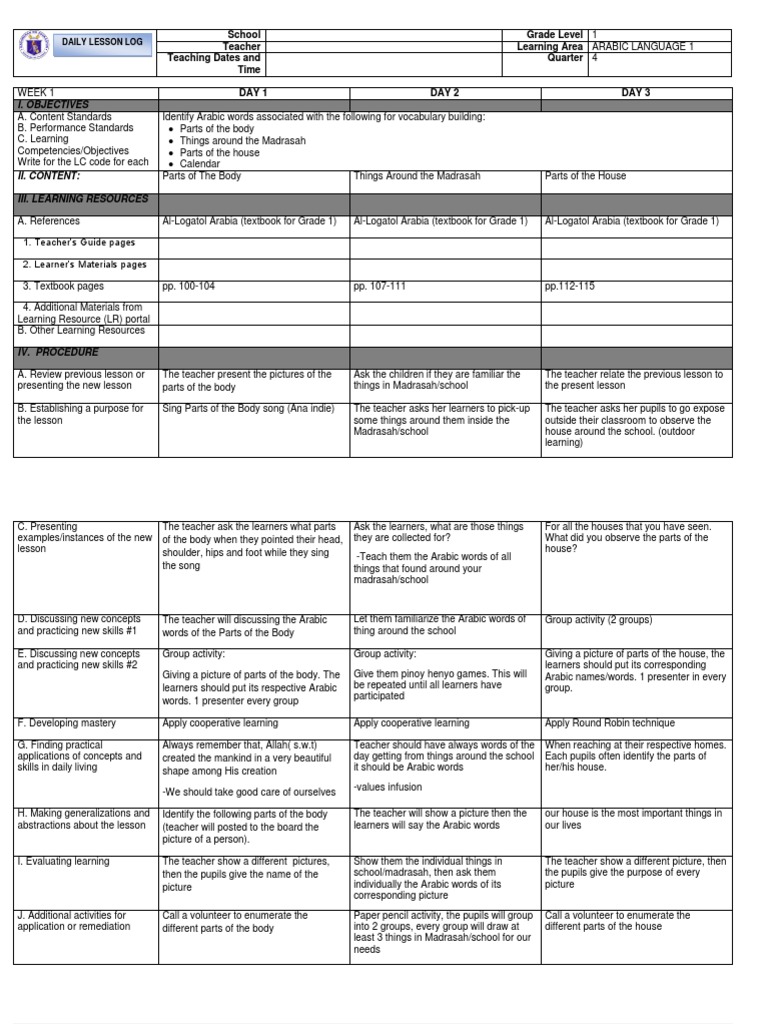 Arabic Language 1 - 4Q | PDF | Teachers | Arabic