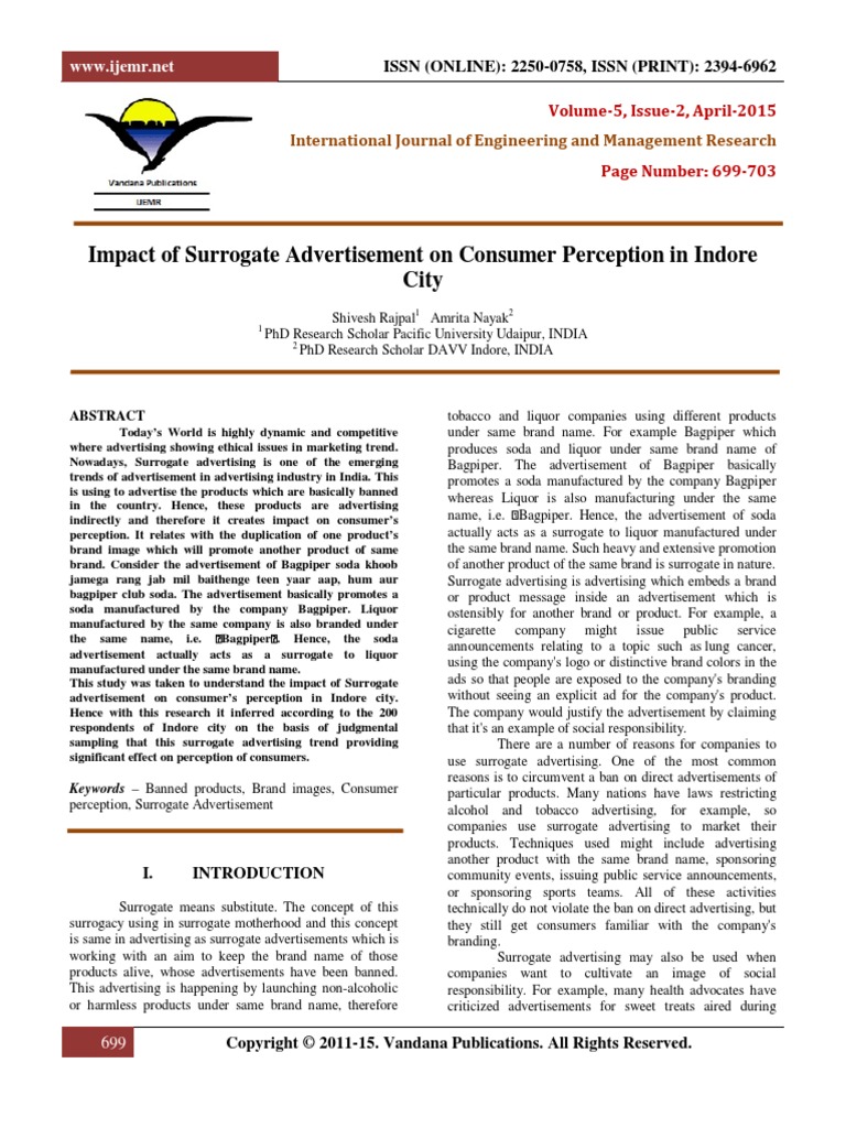 ImpactOfSurrogateAdvertisementOnConsumerPerceptionInIndoreCity (699 703) | PDF | Advertising ...