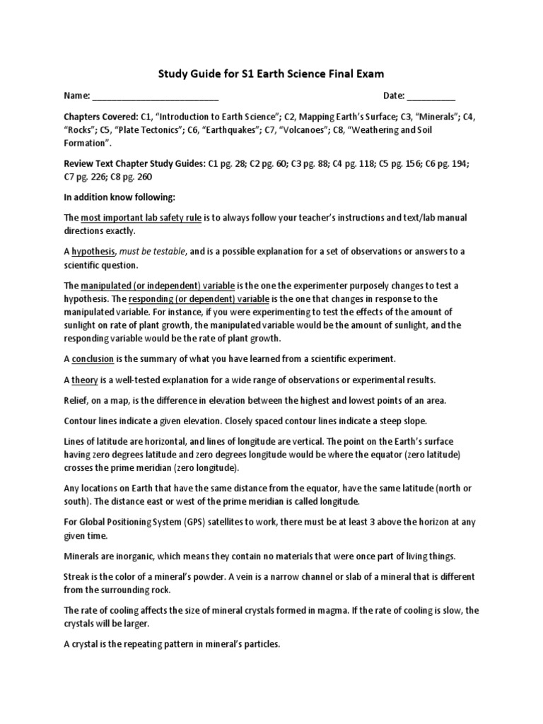 Study Guide For s1 Earth Science Final Exam | PDF | Plate Tectonics ...