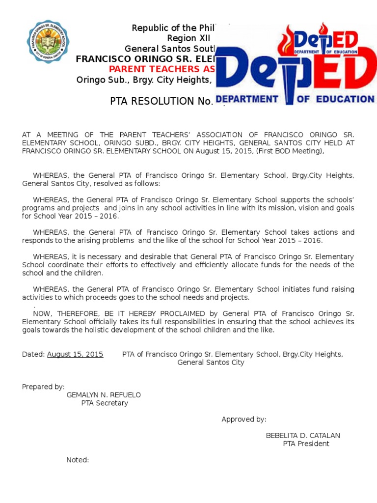 PTA SAMPLE Resolution | PDF | Educational Organizations | Government