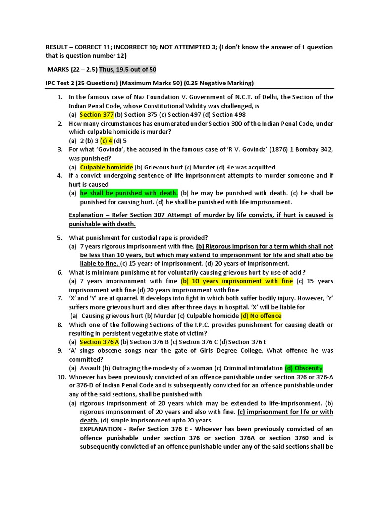 IPC MCQ Questions | PDF | Murder | Life Imprisonment