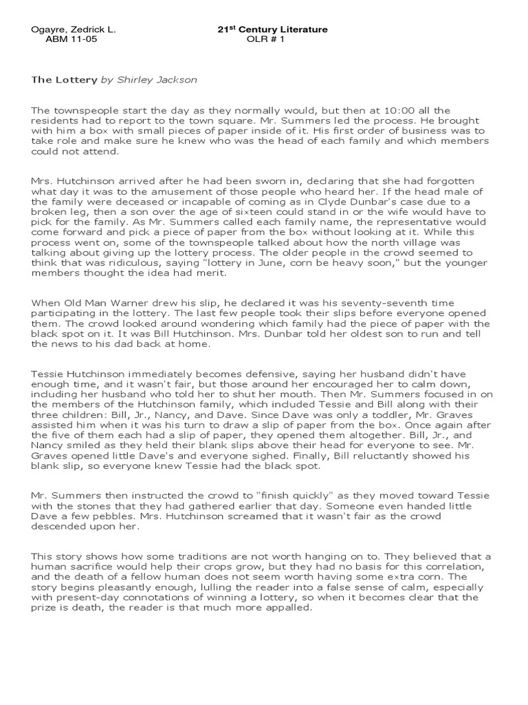 The Lottery by Shirley Jackson | PDF