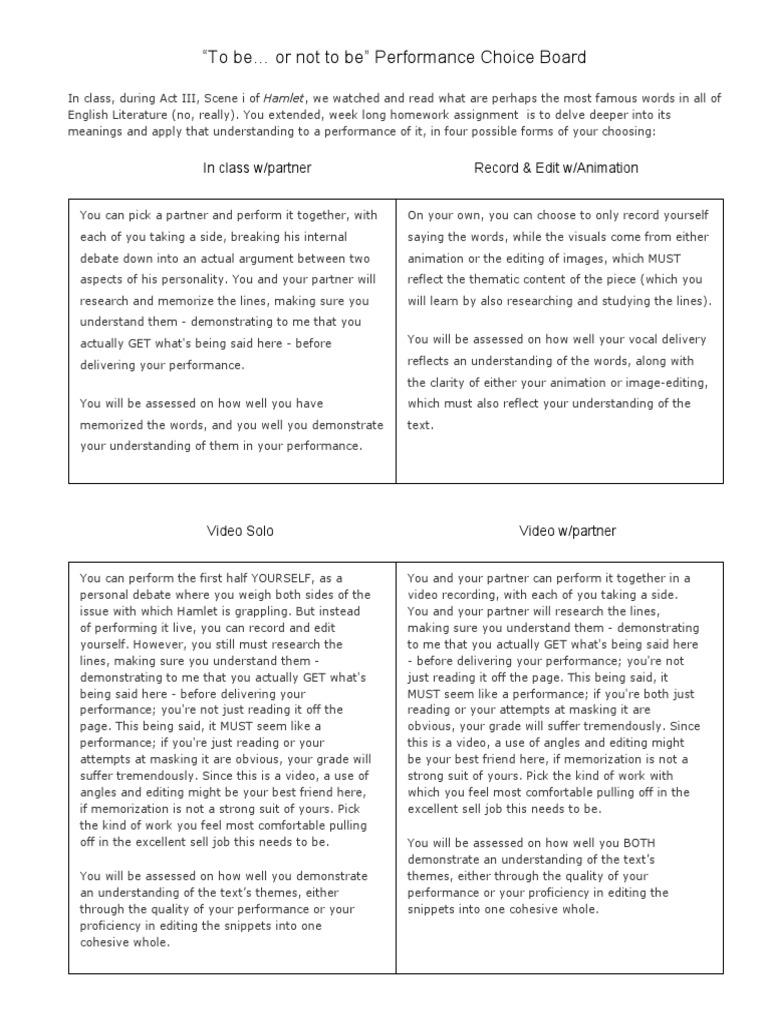 Hamlet Performance Choice Board-3 | PDF | Communication | Cognitive Science