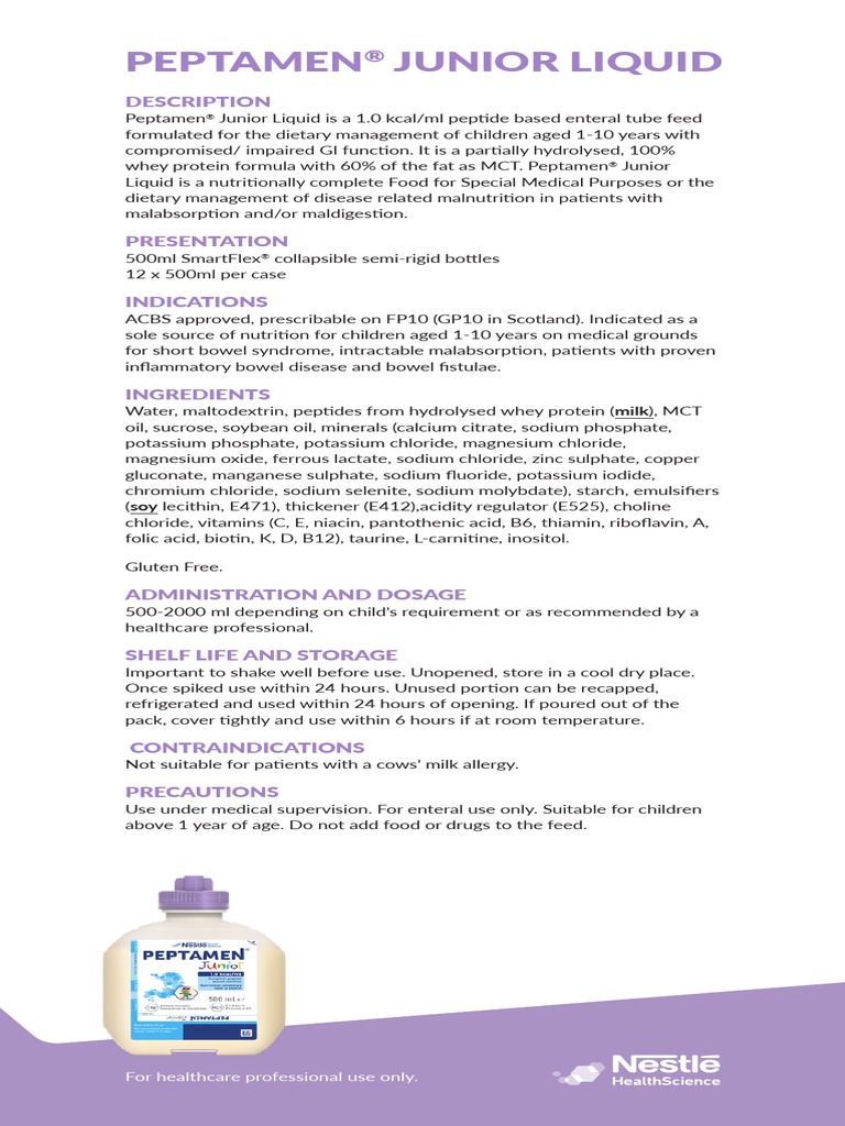 Peptamen Junior Liquid Data Card April 2019 | PDF | Magnesium | Milk