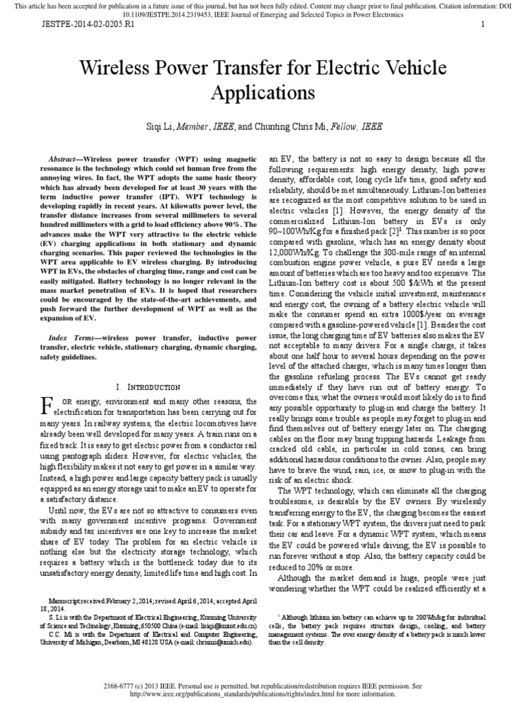 Wireless Power Transfer For Electric Vehicle Applications PDF | PDF ...