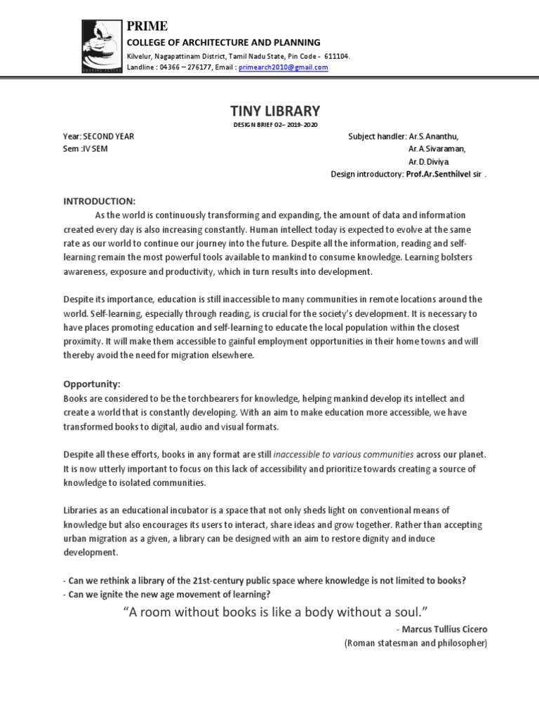 TINY LIBRARY Design Brief For 2nd Yr | PDF | Space | Libraries