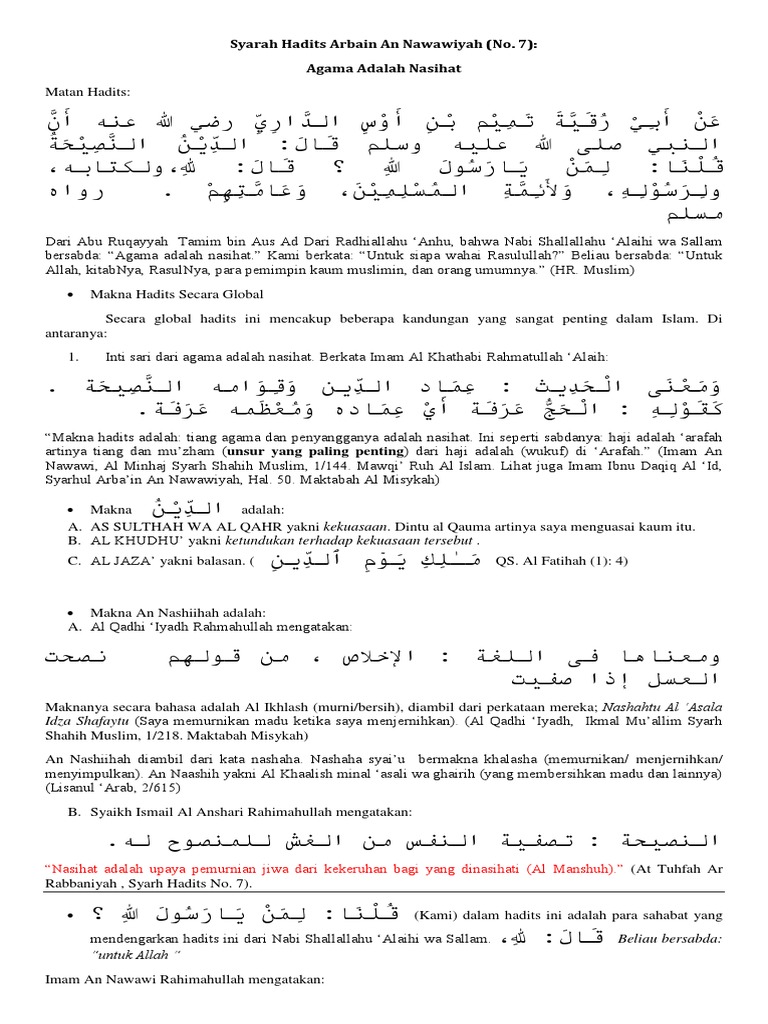 Syarah Hadits Arbain No. 7: Agama Nasihat | PDF