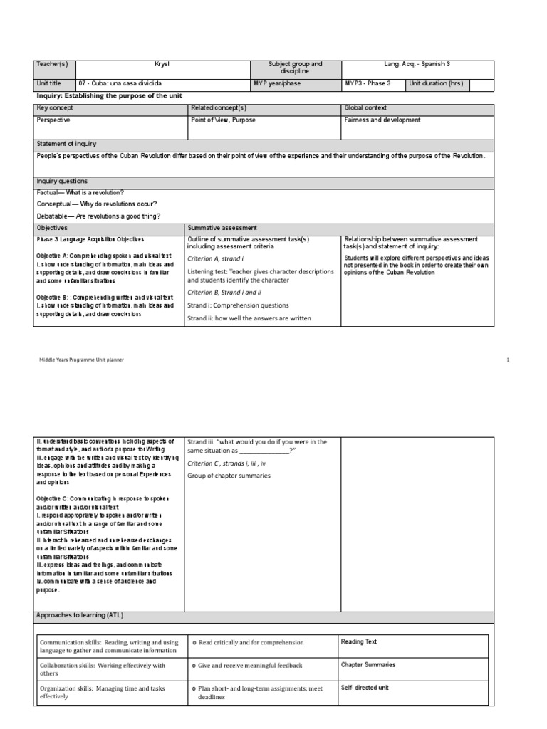 MYP Spanish 3 IB Unit Planner - Cuban Revolution | PDF | Communication ...