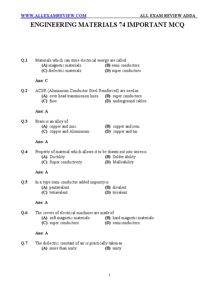 Engineering Materials 74 Important MCQ | PDF | Semiconductors ...