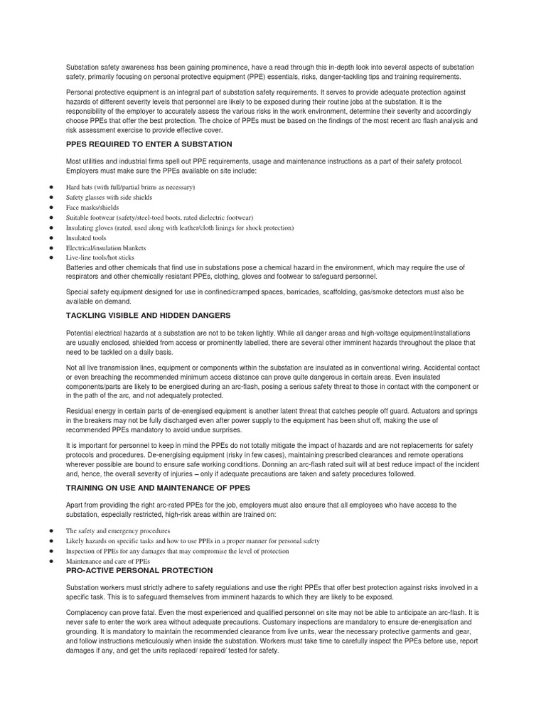 Substation PPE Safety Essentials | PDF | Personal Protective Equipment ...