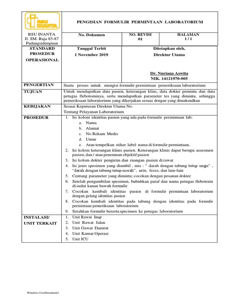 SPO Pengisian Formulir Permintaan Laboratorium | PDF