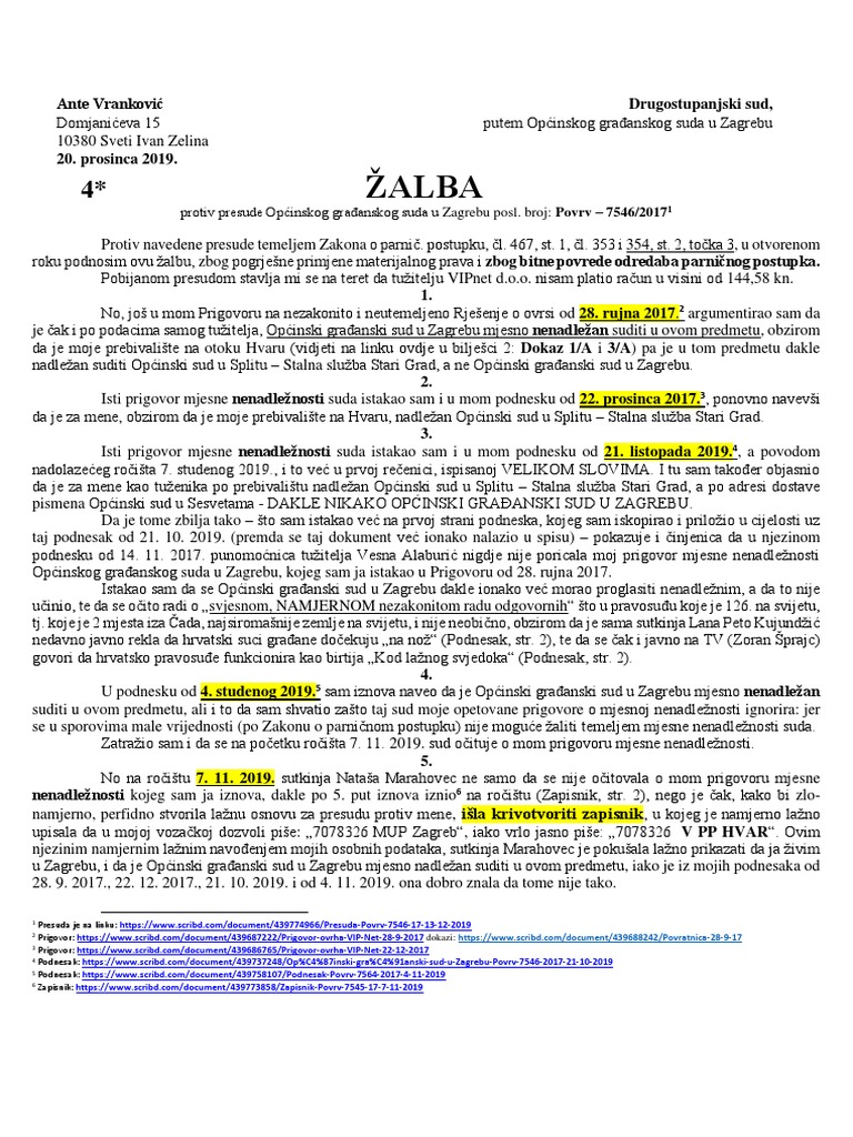 Žalba Na Presudu U Predmetu 7546/2017 | PDF