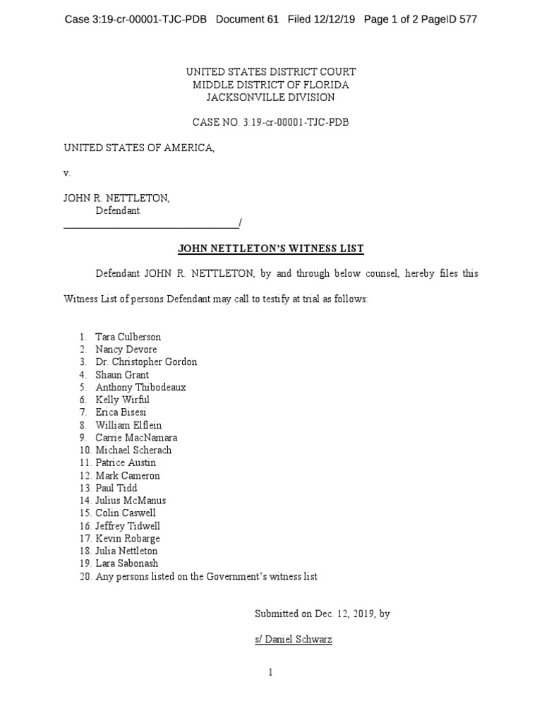 Nettleton Trial Witness List | PDF | Courts | Justice
