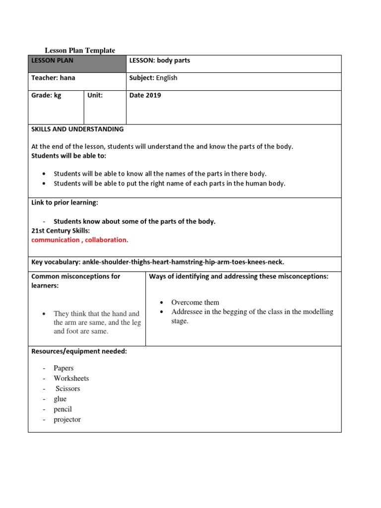 Level Lesson Plan Body Parts | PDF | Lesson Plan | Pedagogy