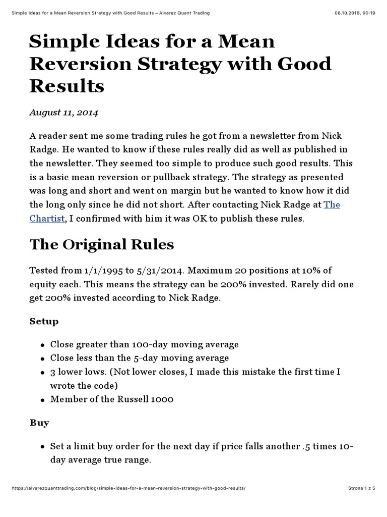 Simple Ideas For A Mean Reversion Strategy With Good Results Alvarez