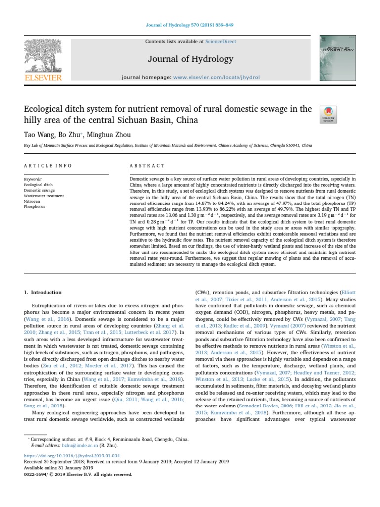 Ecological Ditch System For Nutrient Removal of Rural Domestic Sewage ...