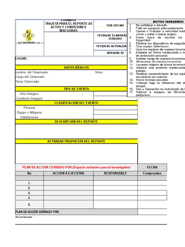 Formato Tarjeta Reporte Actos y Condiciones Inseguras Eyc | PDF | Violencia