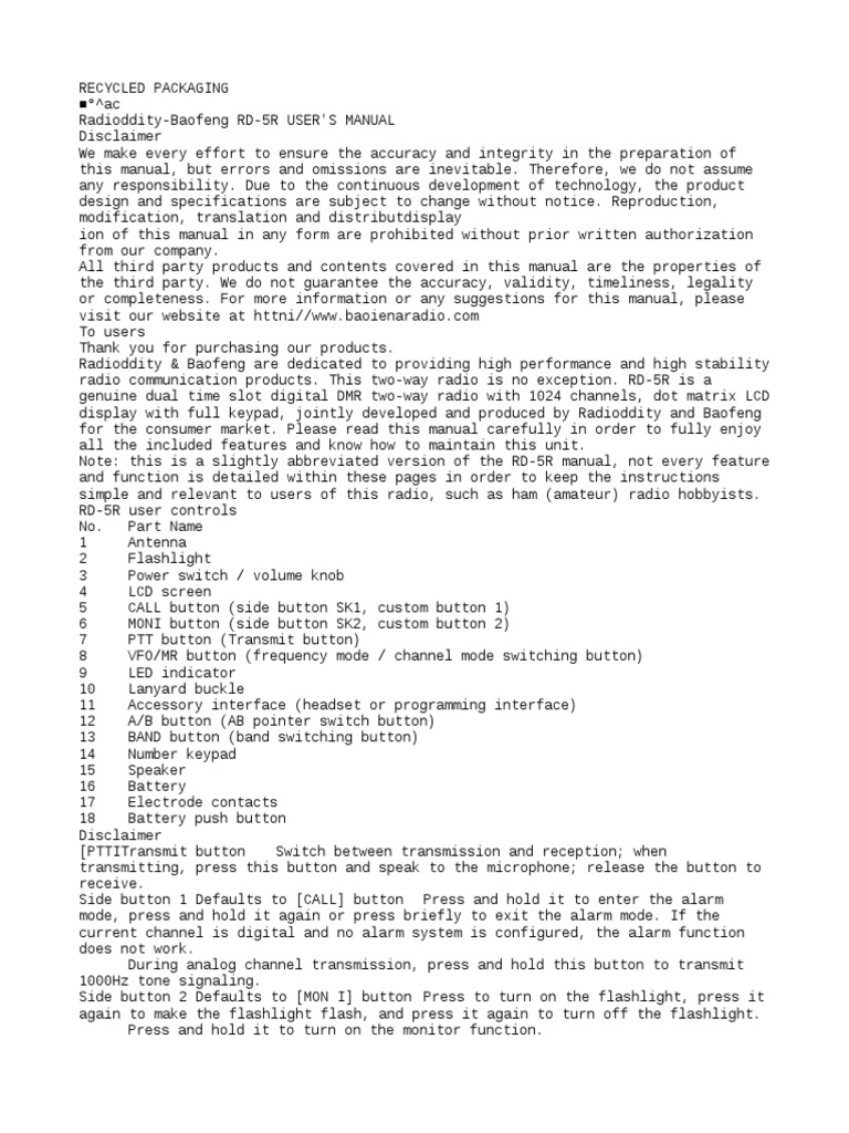 Radioddity X Baofeng RD-5R Manual | PDF | Radio | Menu (Computing)