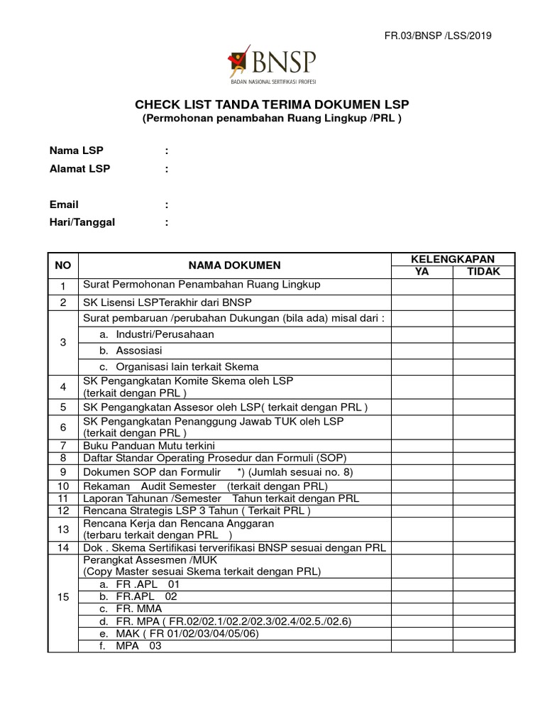 Checklist PRL untuk LSP 2019 | PDF