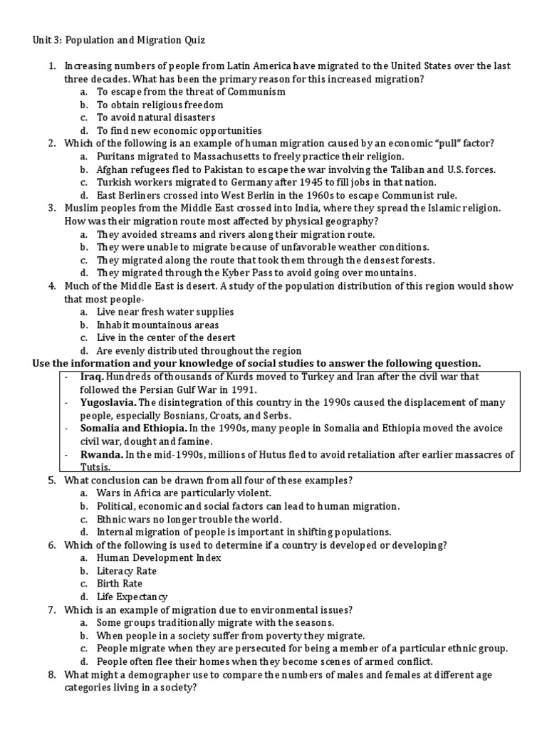 Unit 3 Population and Migration Quiz | PDF | North America | Earth