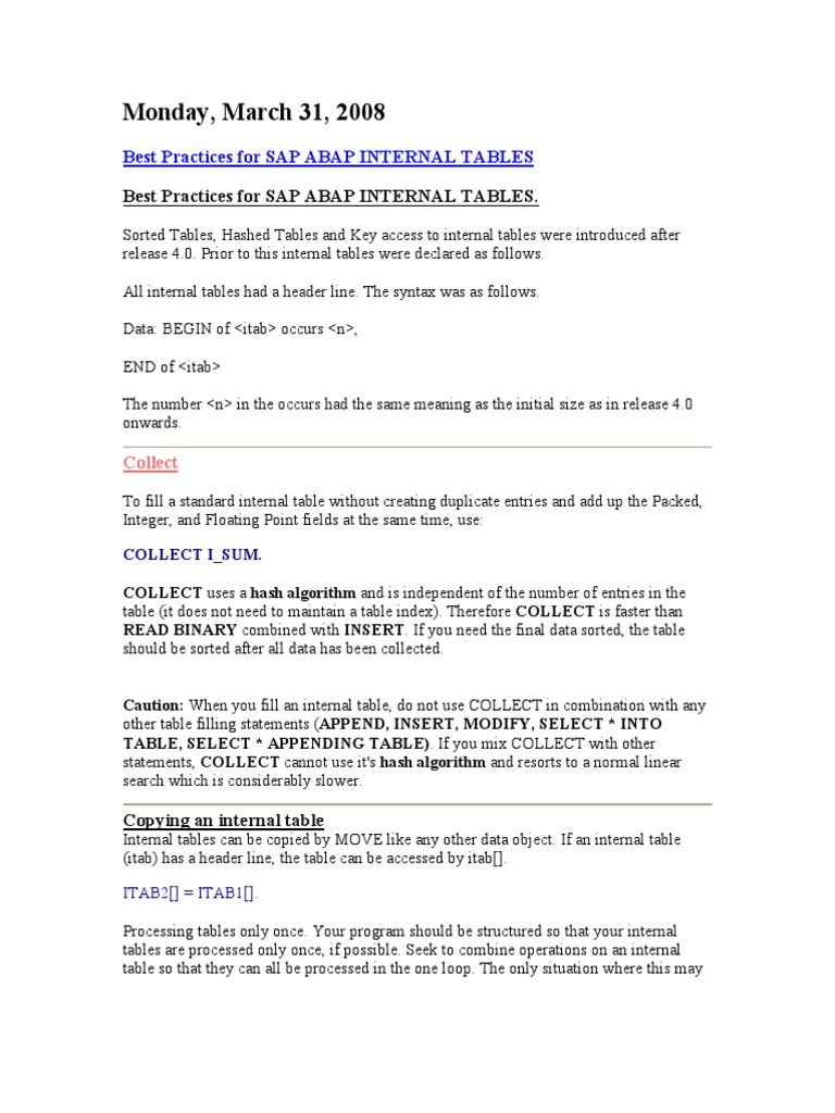 Abap Internal Tables Pdf Database Index Computer Engineering