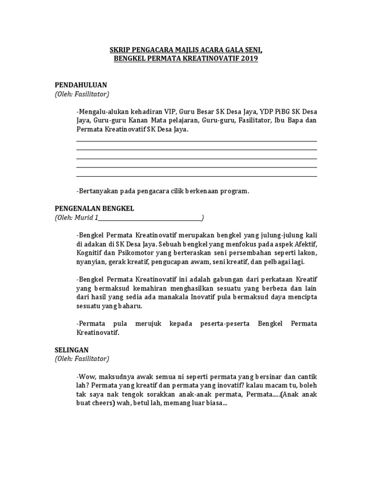 Bengkel Kreatinovatif (Skrip Emcee Majlis Gala Seni) | PDF