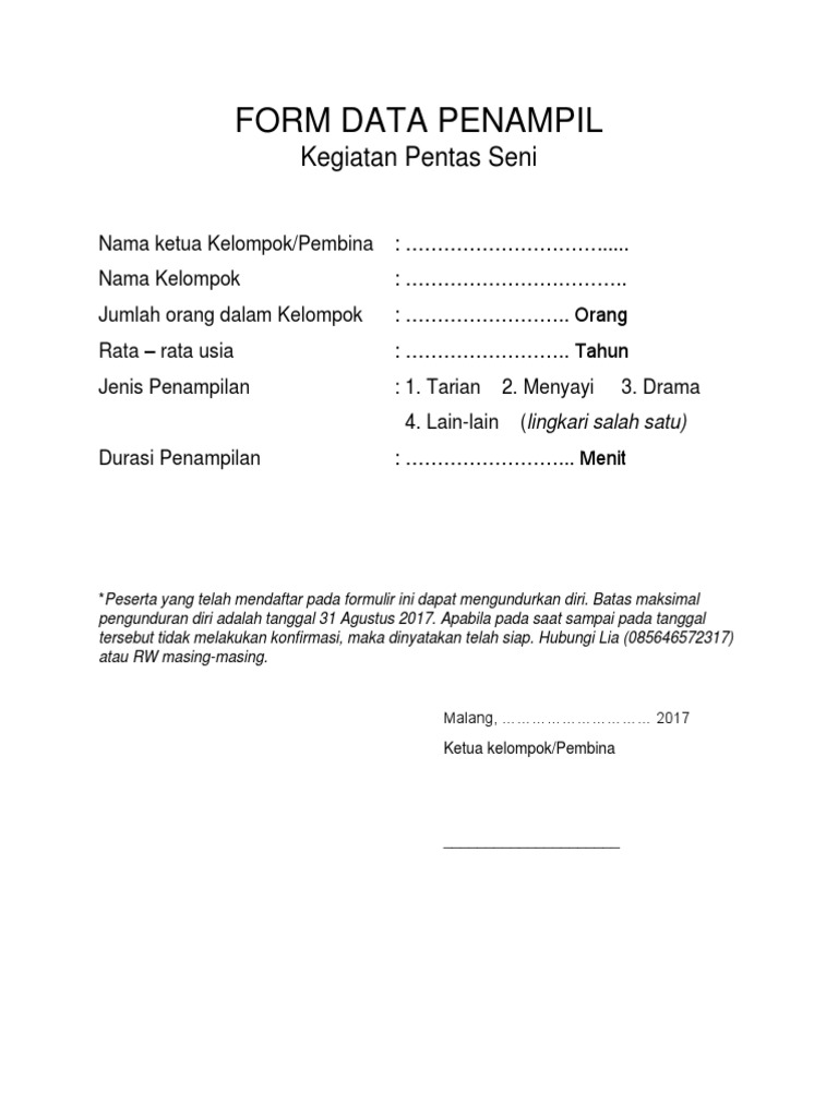 Form Data Penampil Pentas Seni | PDF